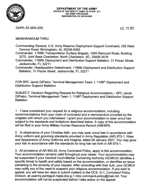 US Army allows Christian soldier to wear long hair for religious reasons