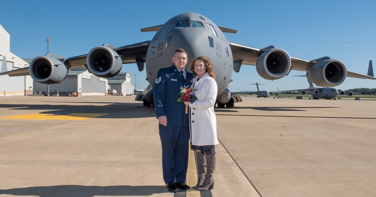 This airman just got married in a US Air Force C-17 Globemaster III