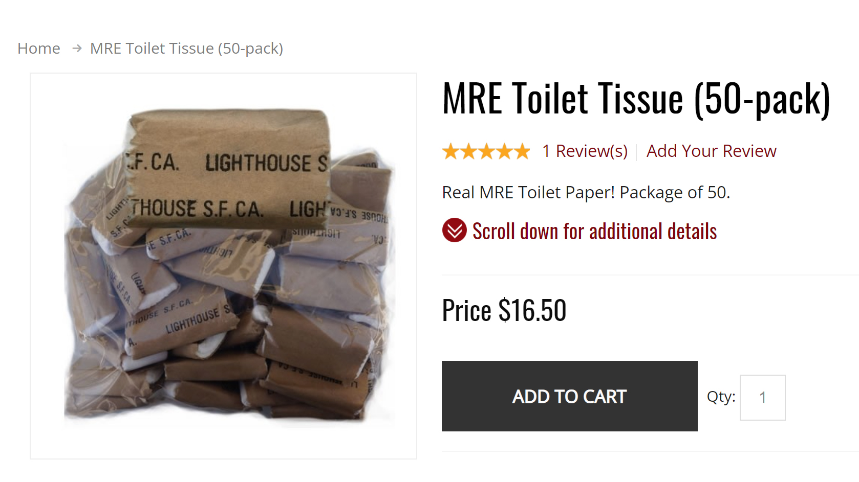 You can actually buy a 50-pack of MRE toilet paper online