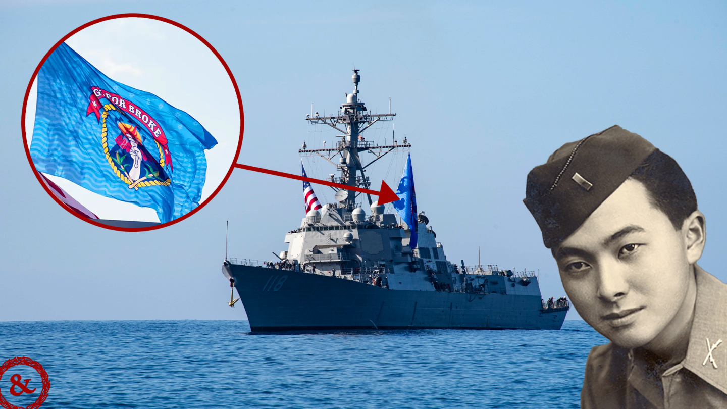 Navy destroyer USS Daniel Inouye flies 'Go For Broke' battle flag in port