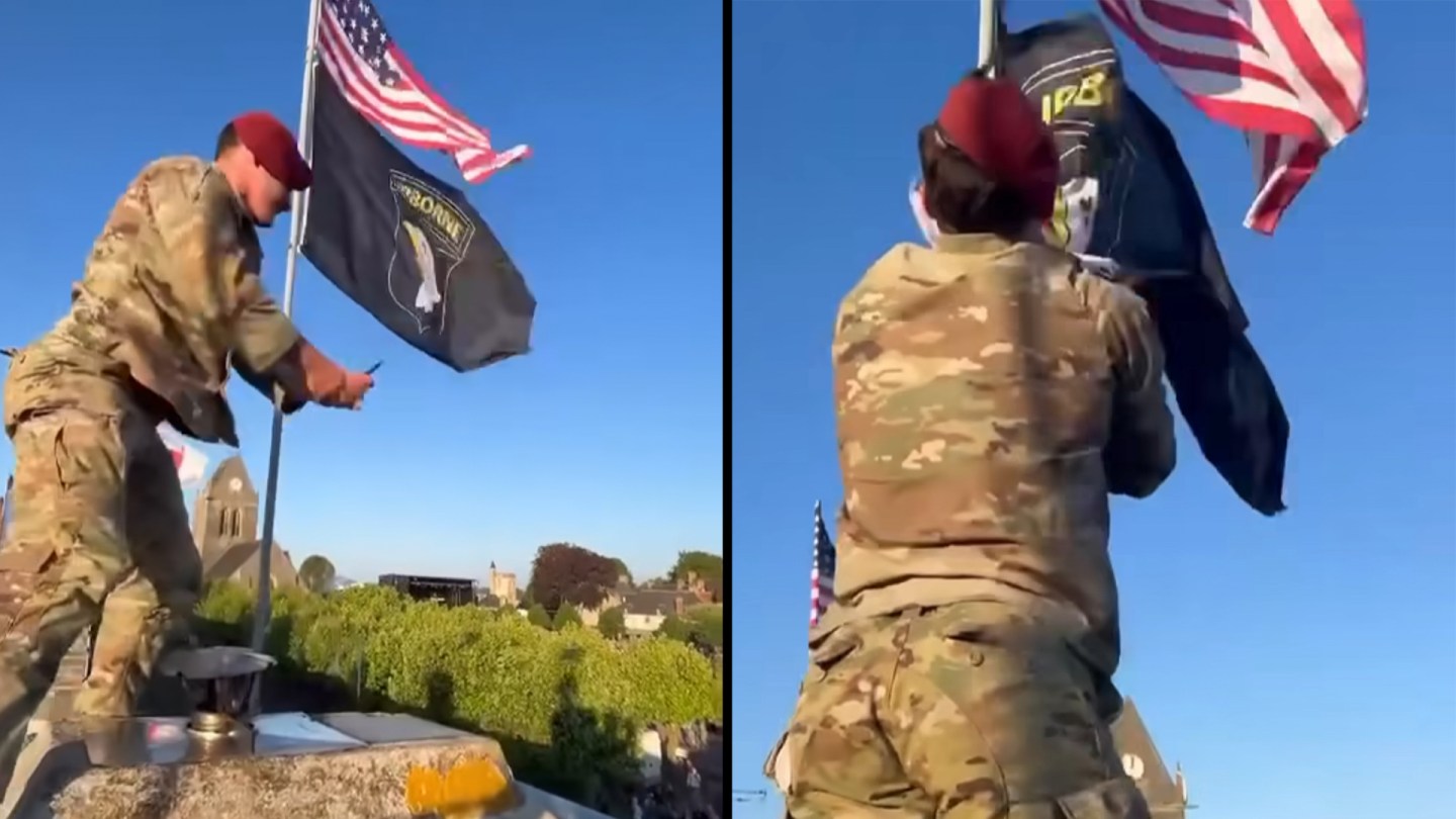 82nd Airborne paratroopers cut down 101st flag in iconic D-Day town