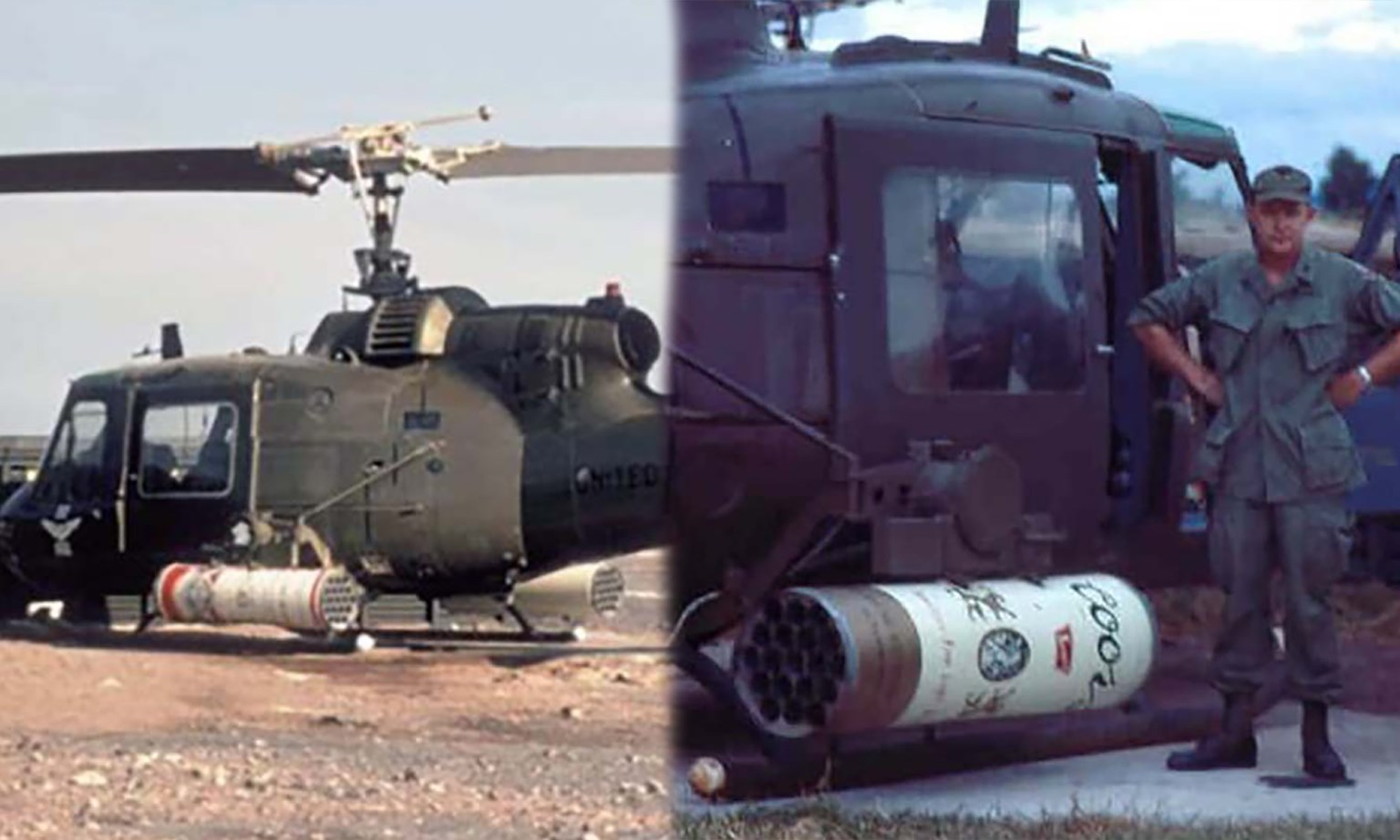 These Vietnam Hueys flew with rocket launchers painted as beer cans