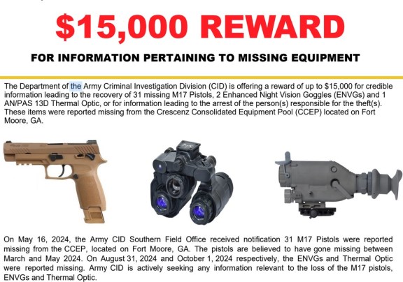 Army offers $15,000 reward for 31 guns stolen from Fort Moore