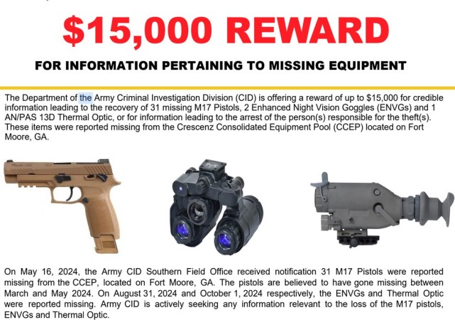 Army offers $15,000 reward for 31 guns stolen from Fort Moore