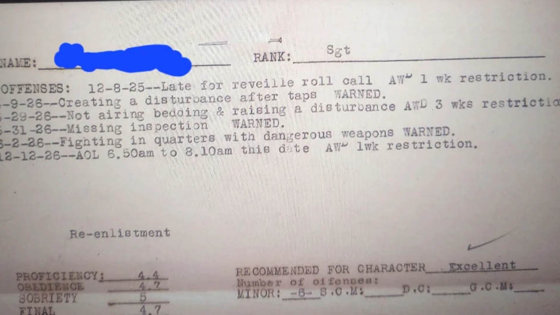 Marine’s 1926 service record shows what rank-and-file life was like