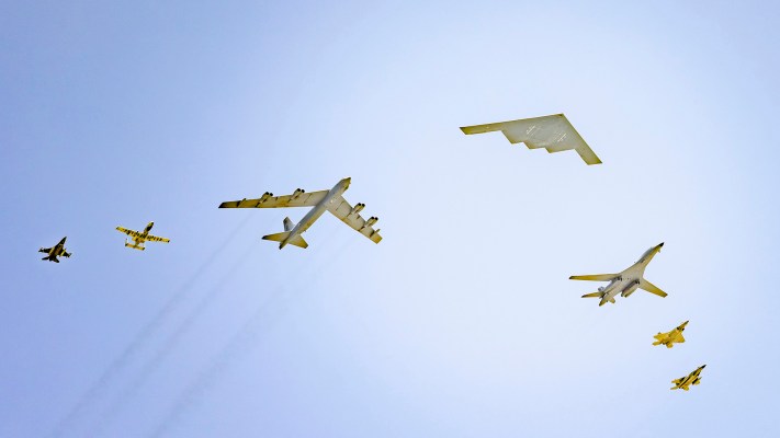 Air Force fighters and bombers fly together for the first time