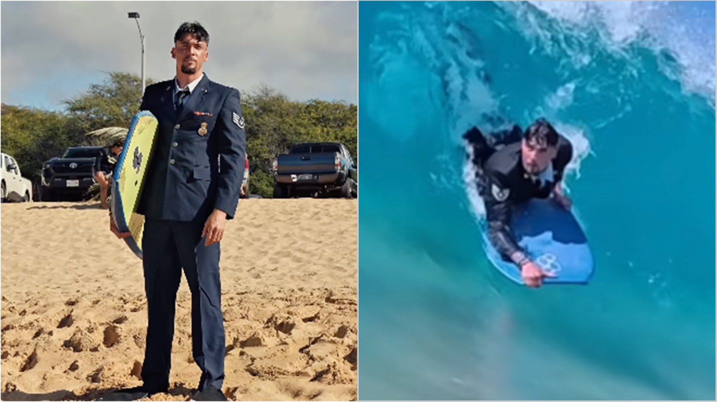 An airman in Hawaii went surfing in uniform on his first day out